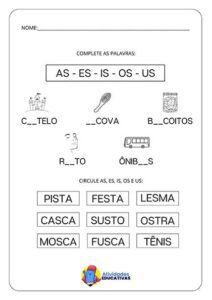 AS, ES, IS, OS, US: Palavras e Atividades - Atividades Educativas